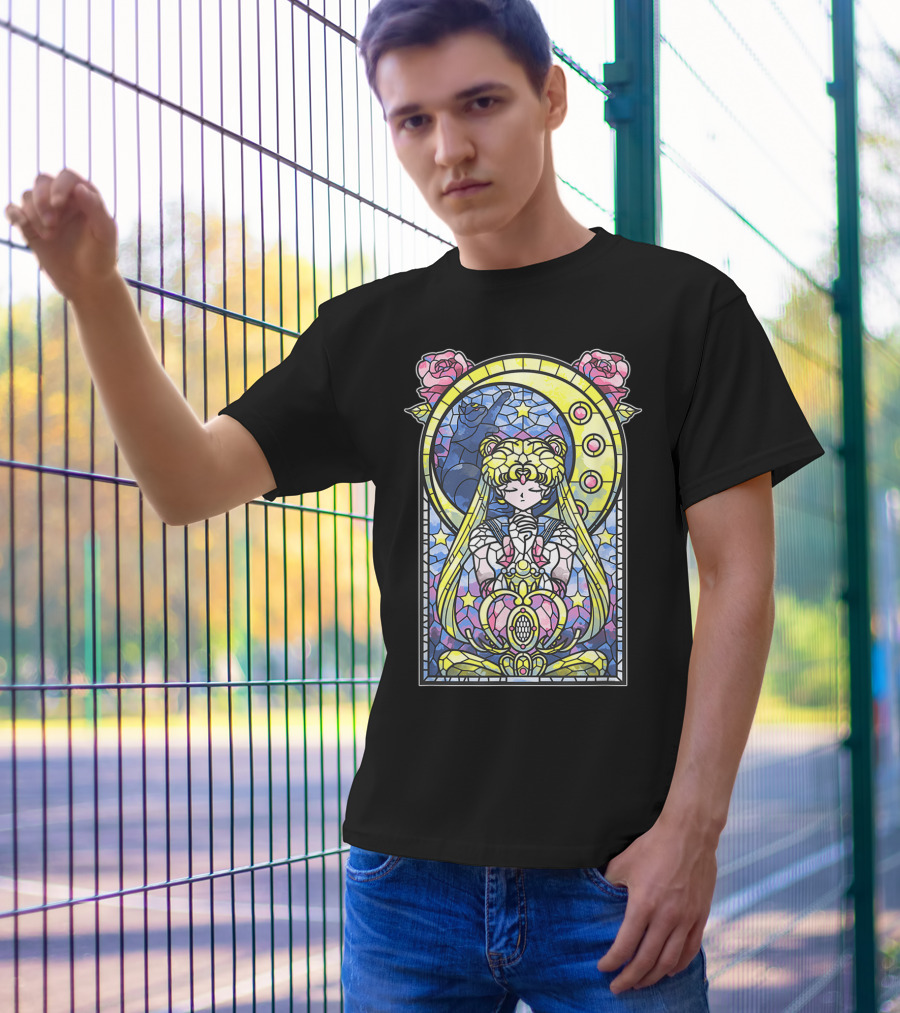 Sailor Moon Blessing Stained Glass Style Roses And Moon Phases T-Shirt