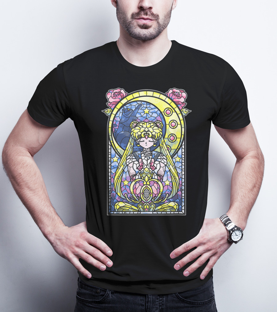 Sailor Moon Blessing Stained Glass Style Roses And Moon Phases T-Shirt