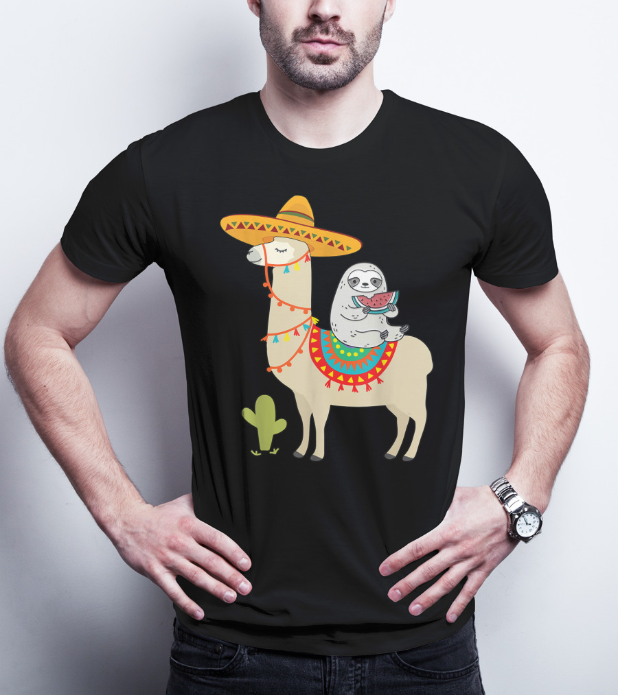 Cinco De Mayo Sloth Riding Llama Fiesta With Sombrero And Cactus T-Shirt