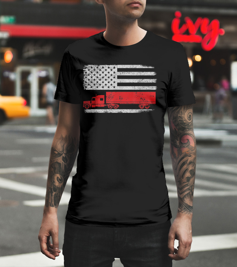 USA Flag American Trucker Red Semi Truck T-Shirt