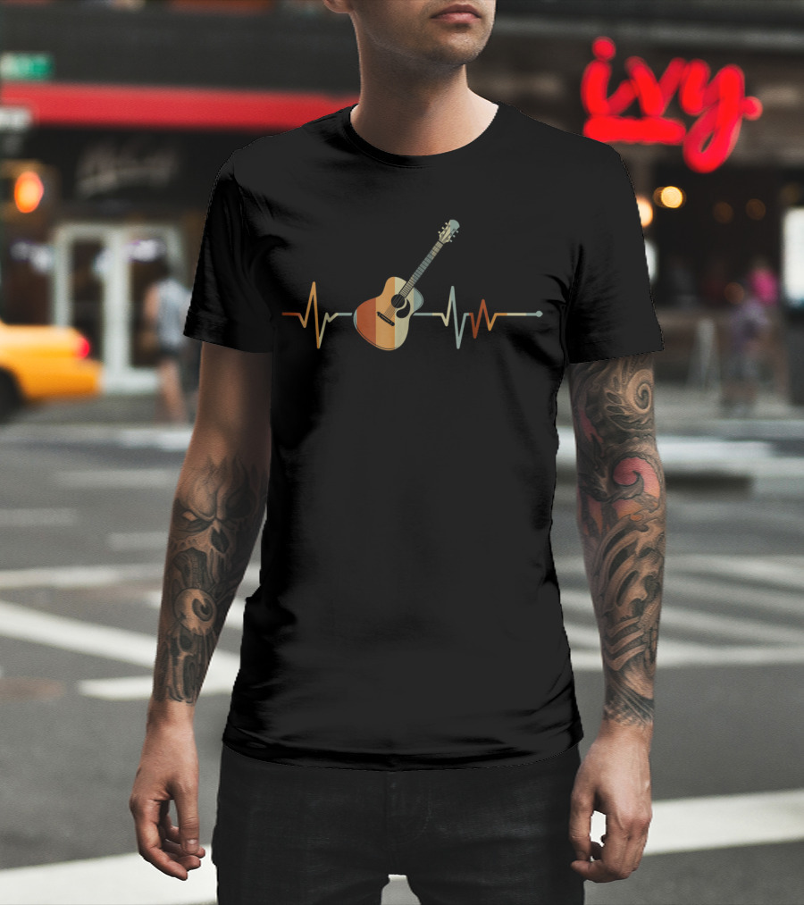 Vintage Acoustic Guitar Heartbeat Music T-Shirt