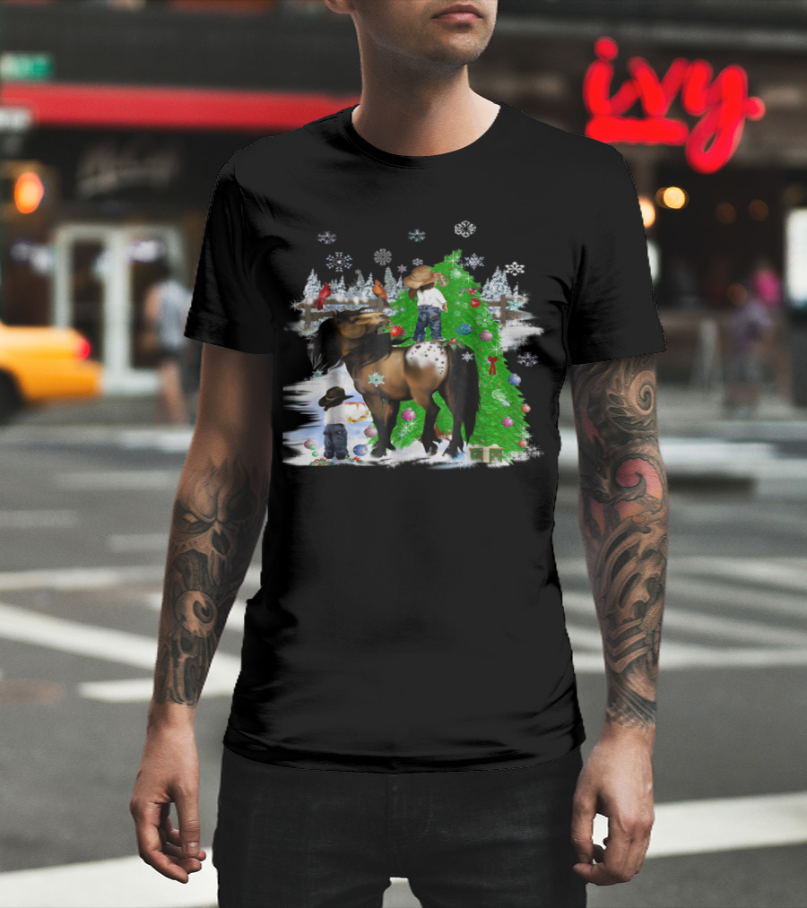 Holiday Cowboy Christmas Scene With Horse Snowflakes And Tree T-Shirt