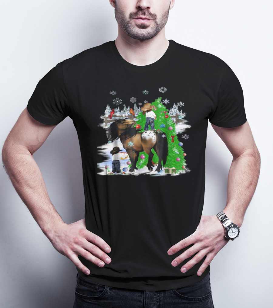 Holiday Cowboy Christmas Scene With Horse Snowflakes And Tree T-Shirt