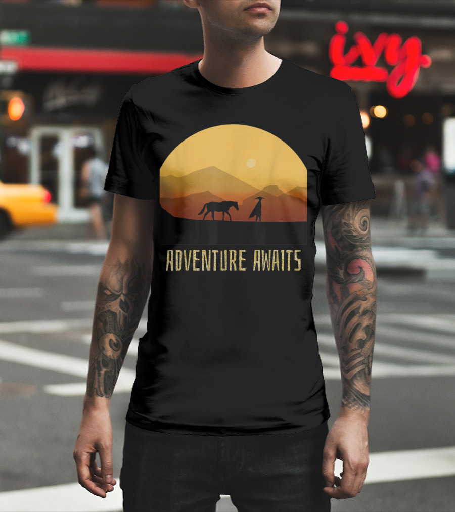 Adventure Awaits Sunset Man Horse Mountains T-Shirt