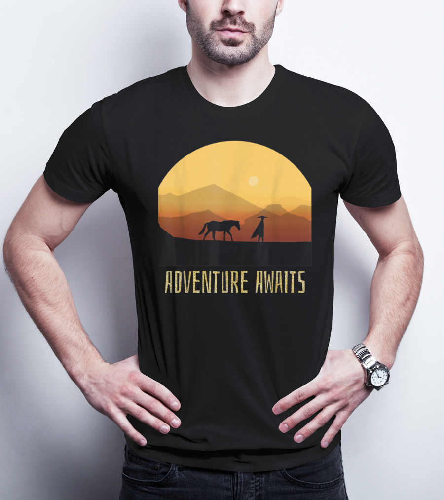 Adventure Awaits Sunset Man Horse Mountains T-Shirt