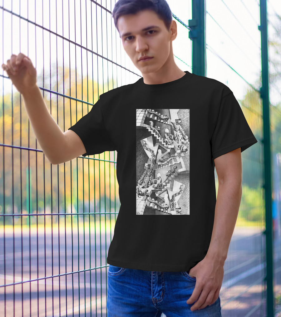 Escher Relativity Optical Illusion Staircase Maze In Three Colors T-Shirt