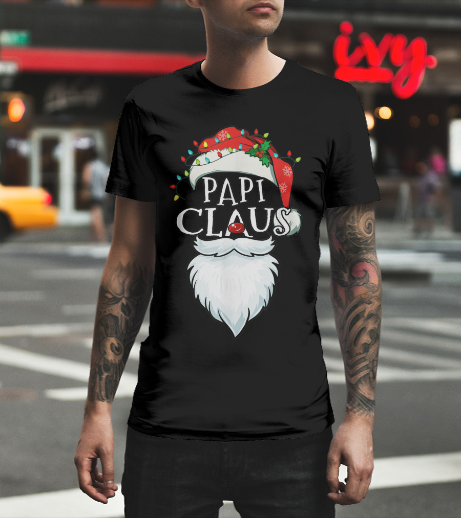 Mens Papi Claus Santa Hat Xmas Costume Family Beard Lights T-Shirt