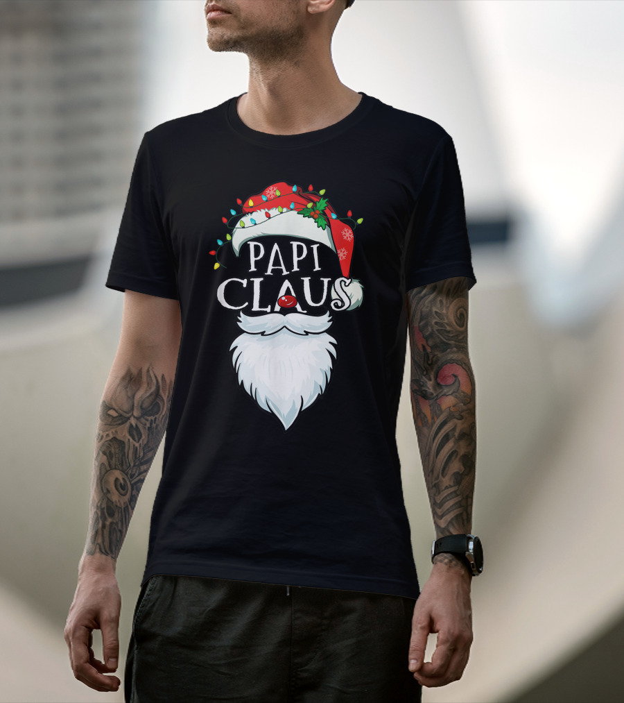 Mens Papi Claus Santa Hat Xmas Costume Family Beard Lights T-Shirt