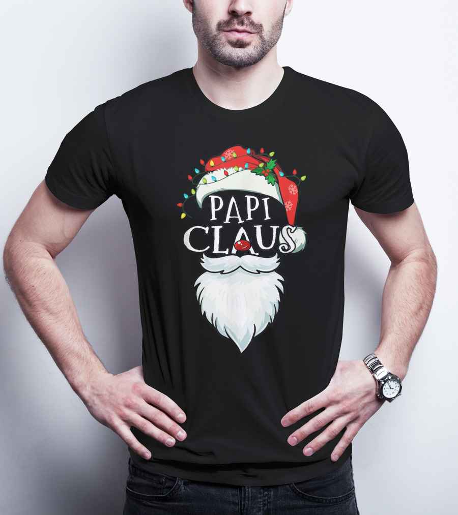 Mens Papi Claus Santa Hat Xmas Costume Family Beard Lights T-Shirt