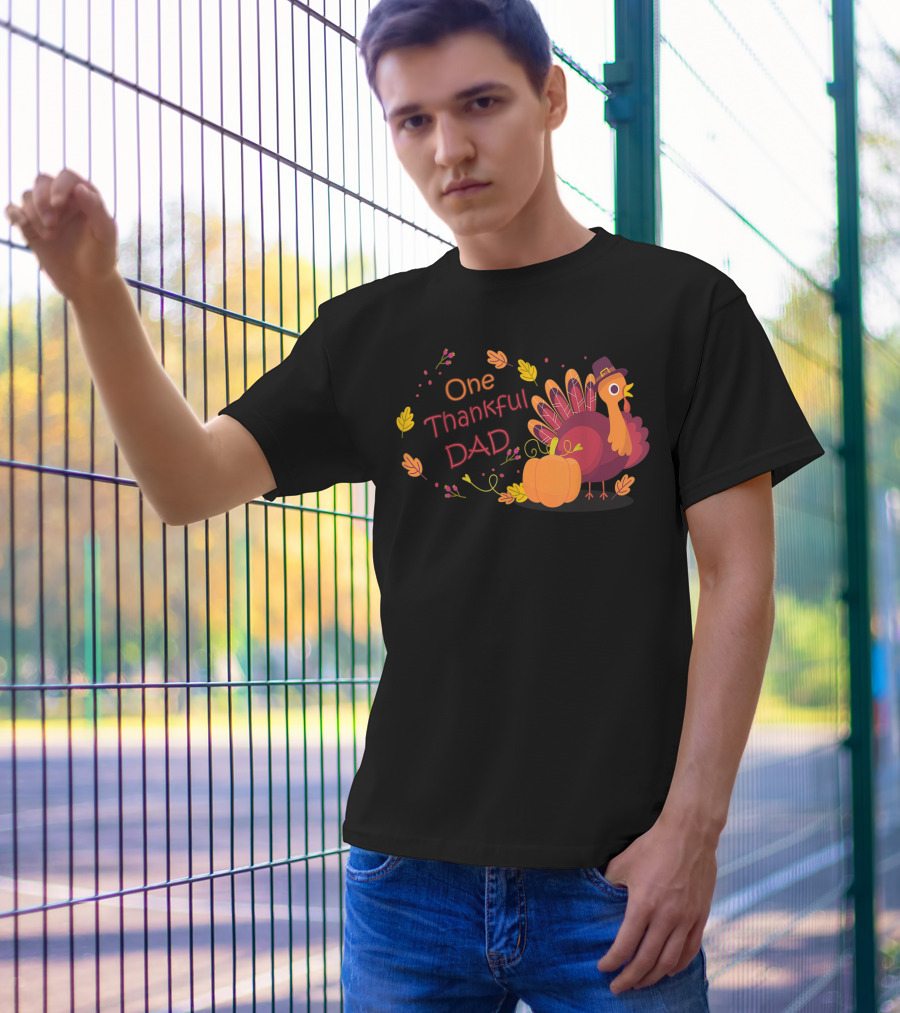 One Thankful Dad Turkey With Pumpkin And Autumn Leaves T-Shirt