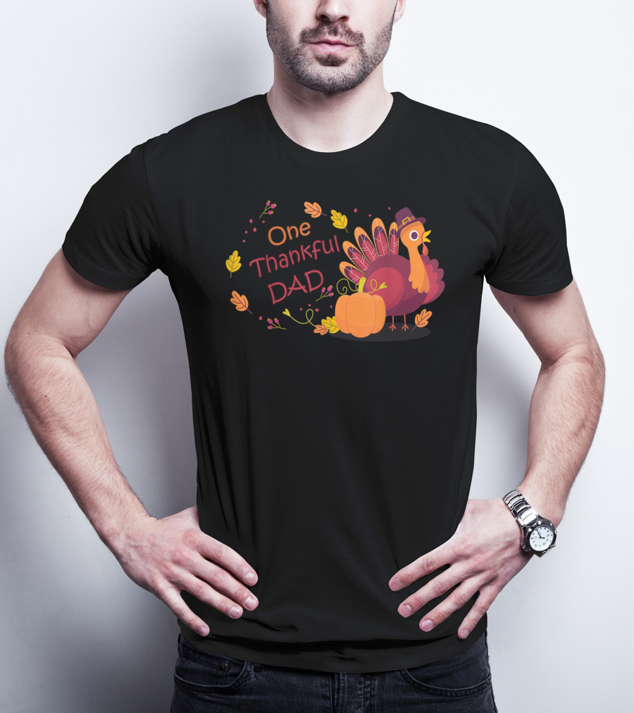 One Thankful Dad Turkey With Pumpkin And Autumn Leaves T-Shirt