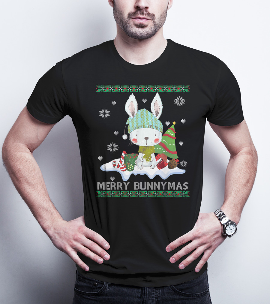 Merry Bunnymas Cute Bunny With Santa Hat And Christmas Tree T-Shirt