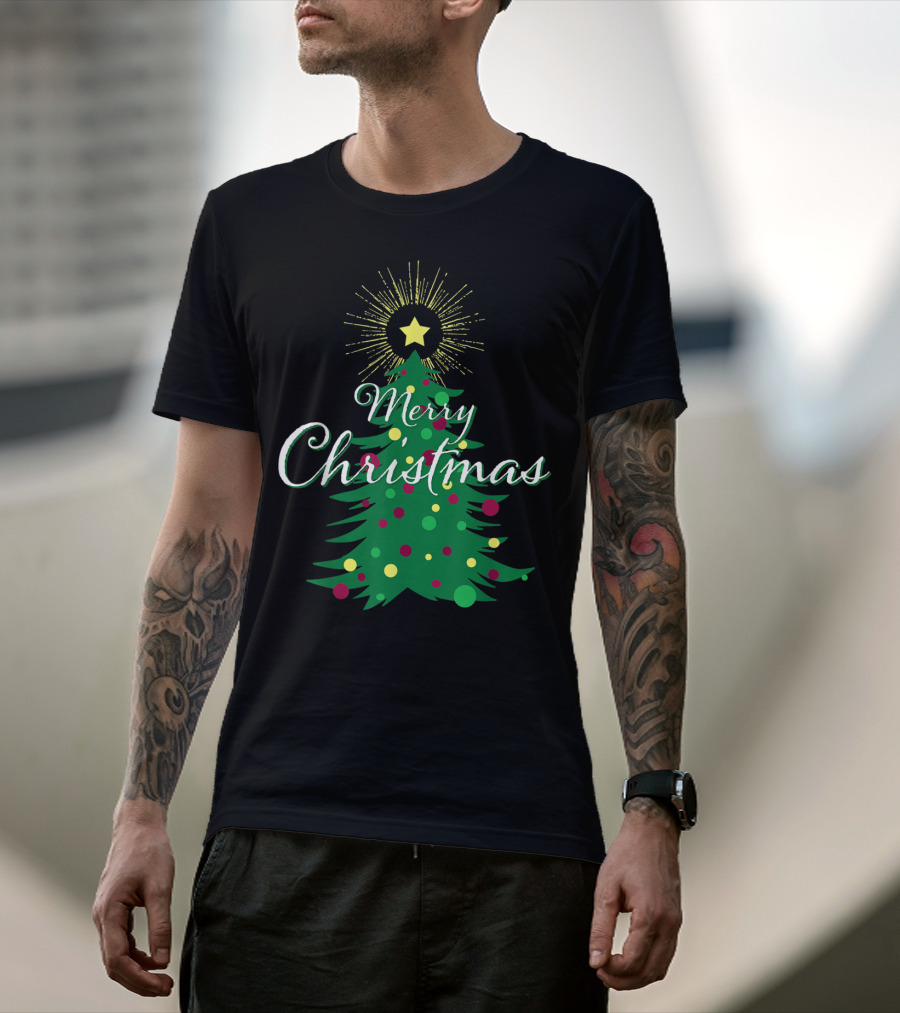 Merry Christmas Tree With Star And Colorful Ornaments For Family Party T-Shirt
