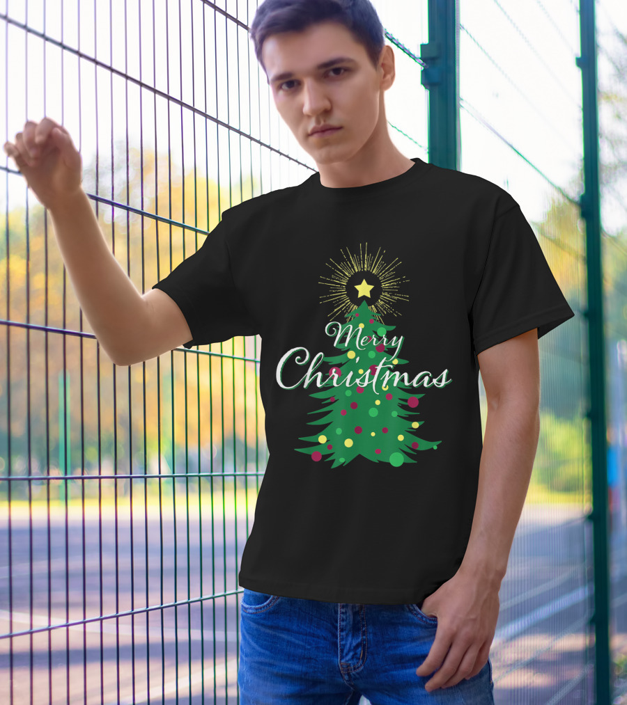 Merry Christmas Tree With Star And Colorful Ornaments For Family Party T-Shirt