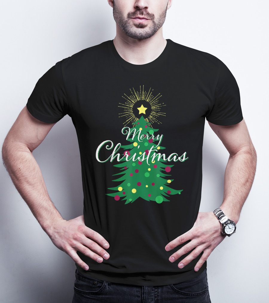 Merry Christmas Tree With Star And Colorful Ornaments For Family Party T-Shirt