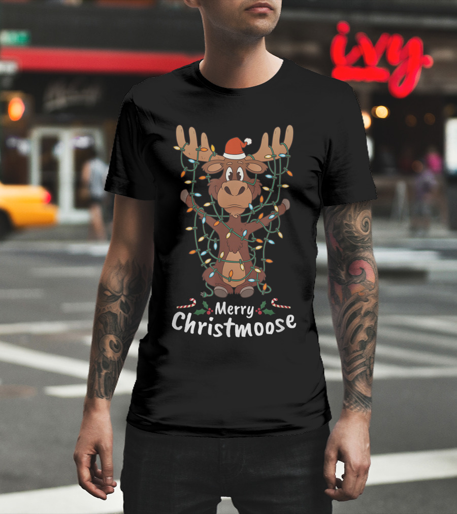Merry Christmoose Christmas Moose Xmas Tree Lights Santa Hat T-Shirt