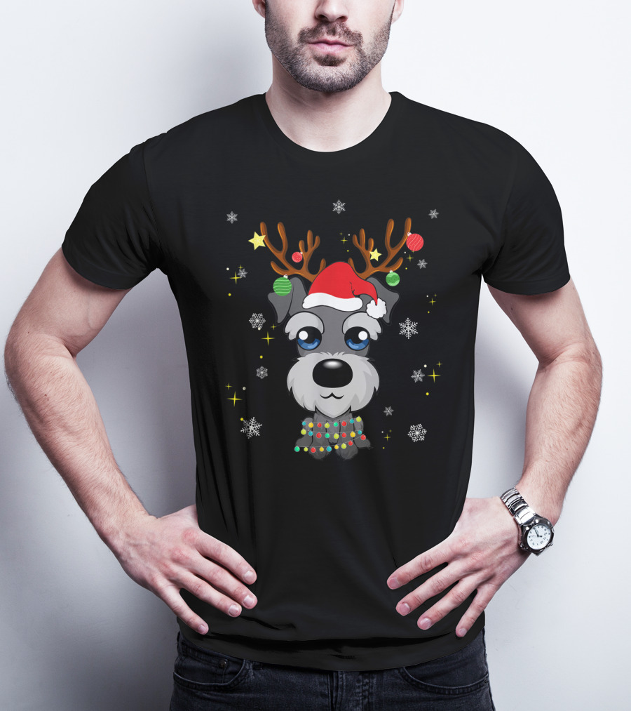 Miniature Schnauzer Reindeer Santa Hat Christmas Lights Snowflakes Stars T-Shirt