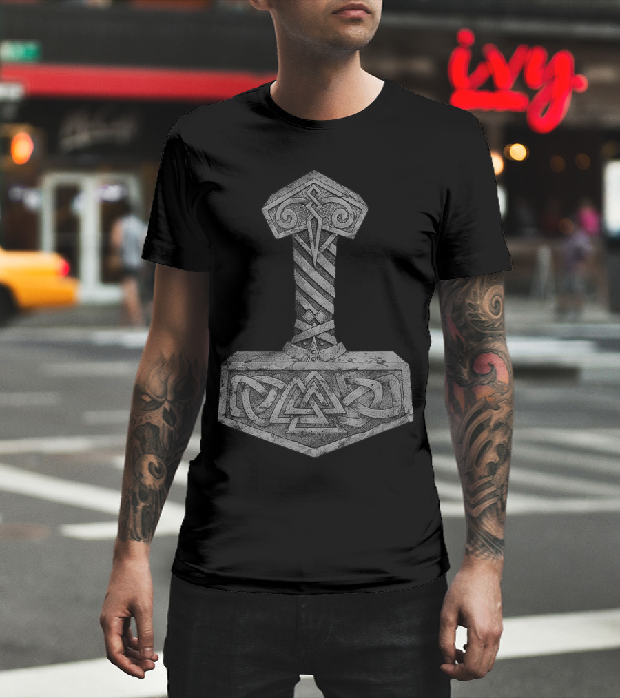 Mjolnir Thor's Hammer With Valknut Symbol Norse Mythology Viking T-Shirt
