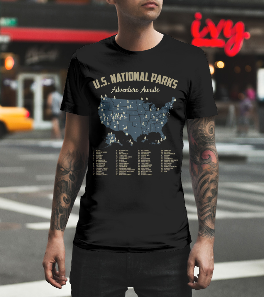 U.S. National Parks Adventure Awaits Map Camping Hiking Outdoor T-Shirt