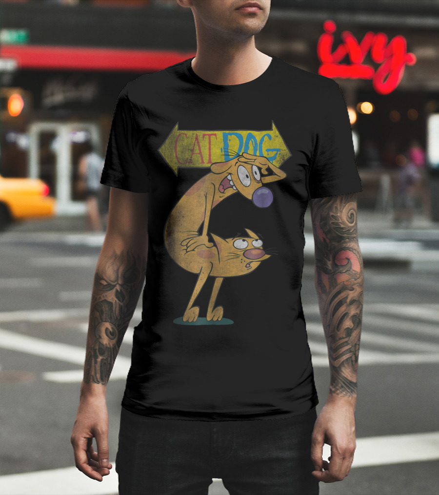 Nickelodeon CatDog Characters With Yellow Direction Arrow T-Shirt