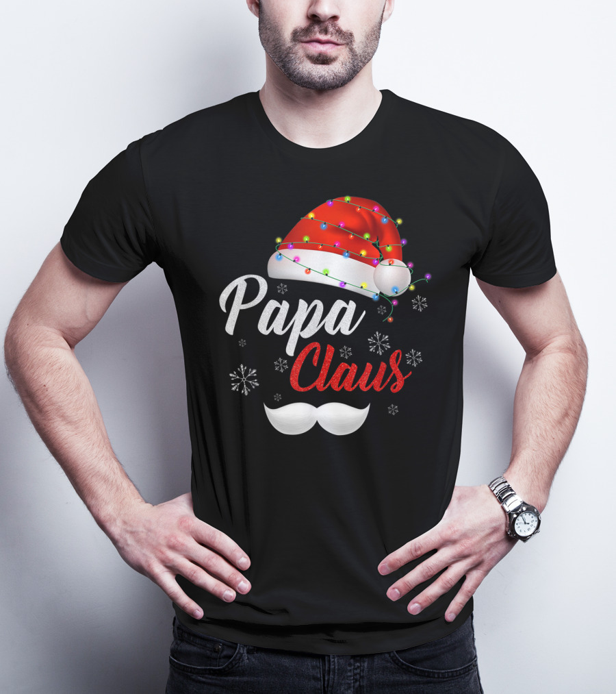 Papa Claus Santa Hat With Lights And Snowflakes T-Shirt