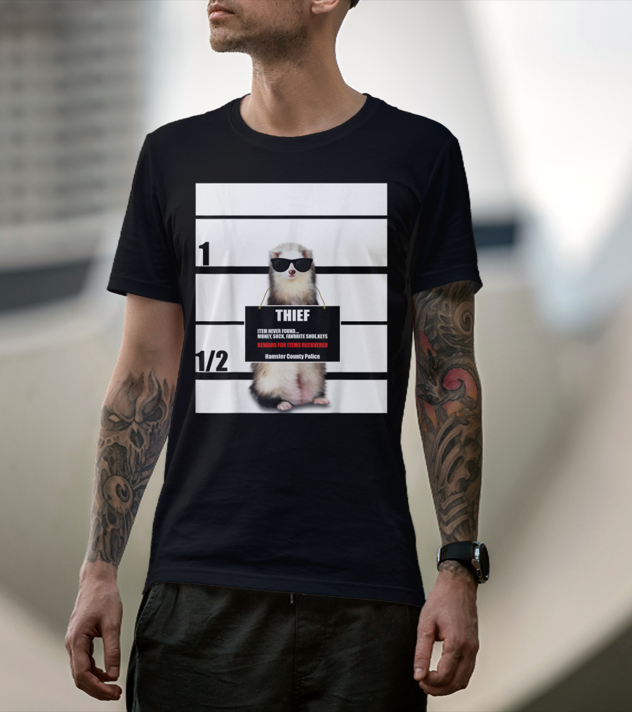 Pet Ferret Thief Mugshot Hamster County Police Funny Ferret Reward For Items Recovered T-Shirt