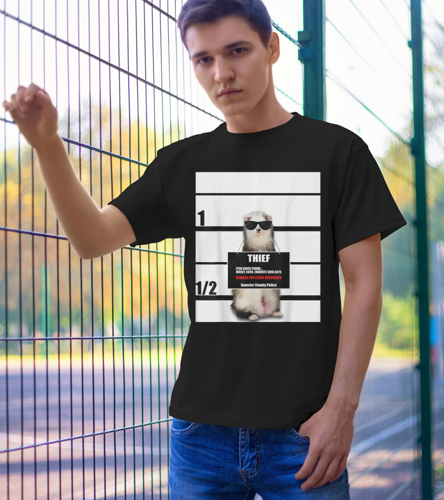 Pet Ferret Thief Mugshot Hamster County Police Funny Ferret Reward For Items Recovered T-Shirt