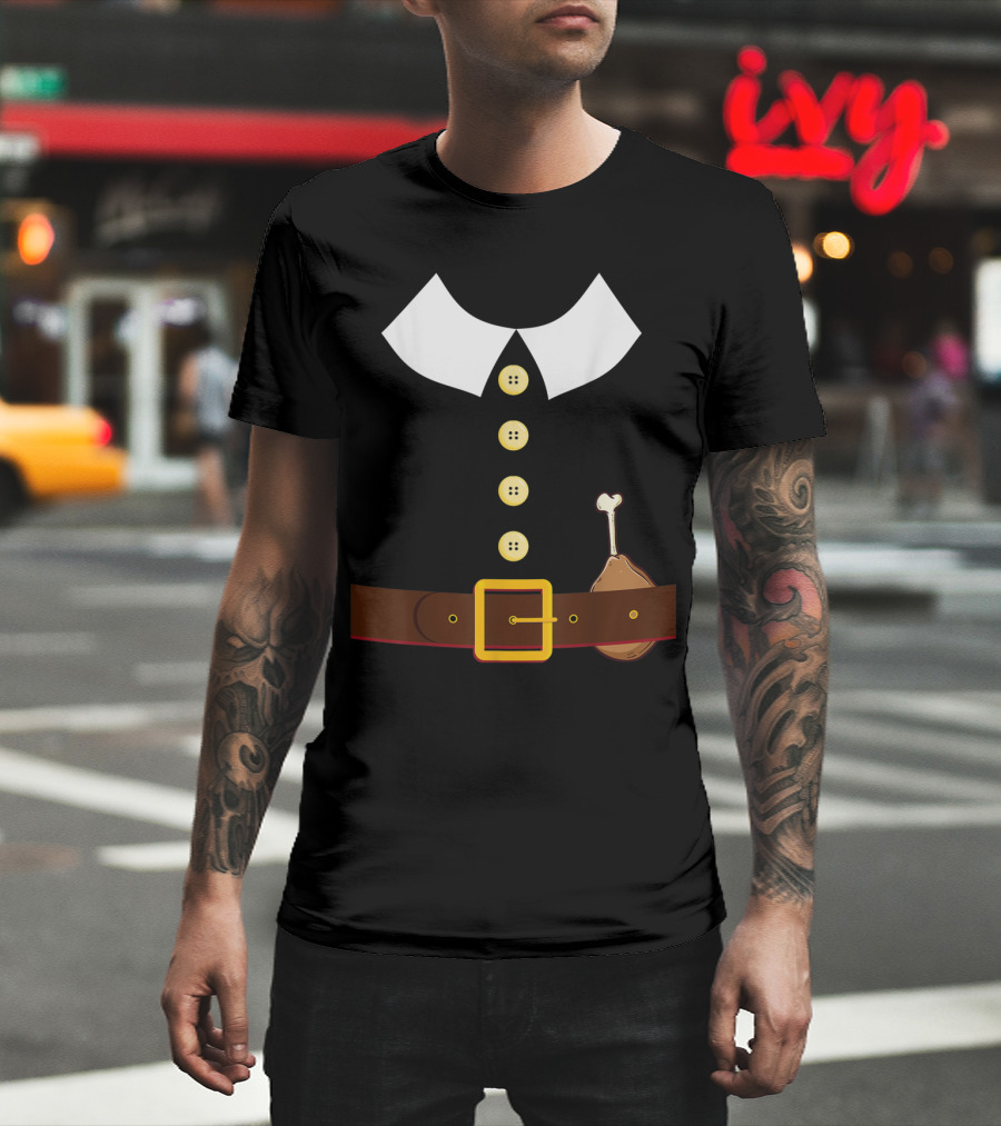 Pilgrim Costume Black Collar Buttons Belt Chicken Leg Colonist T-Shirt