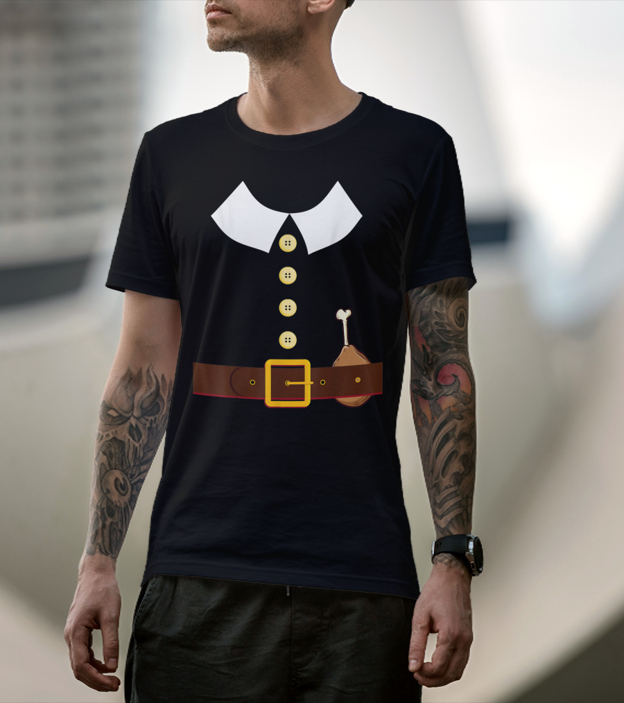 Pilgrim Costume Black Collar Buttons Belt Chicken Leg Colonist T-Shirt