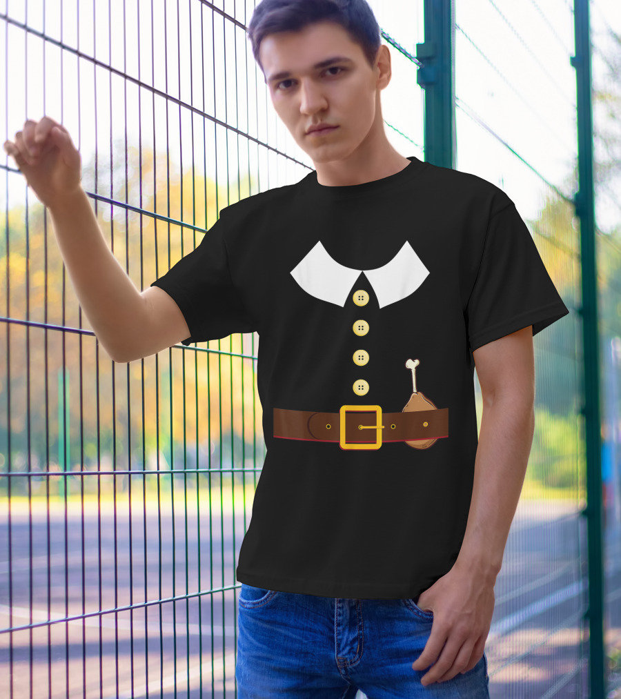 Pilgrim Costume Black Collar Buttons Belt Chicken Leg Colonist T-Shirt