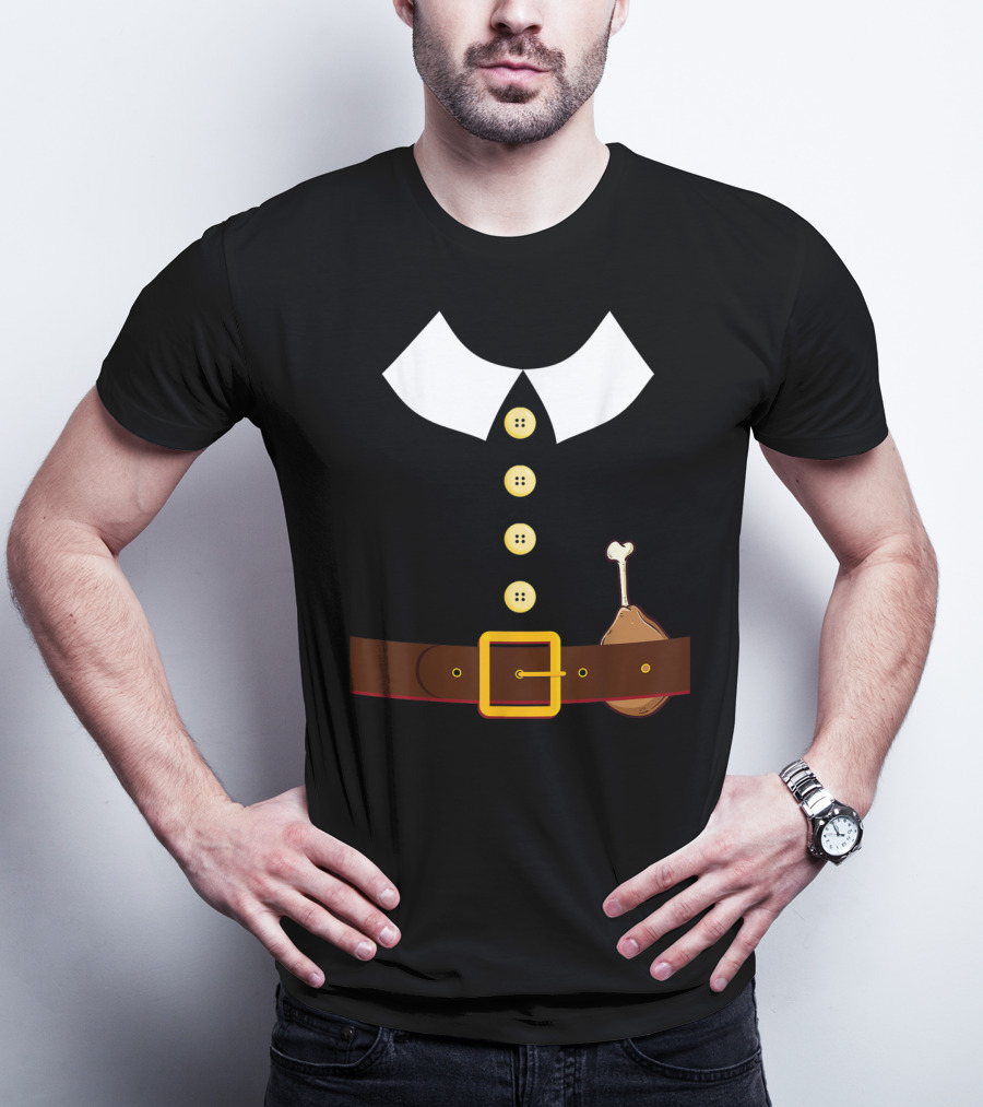 Pilgrim Costume Black Collar Buttons Belt Chicken Leg Colonist T-Shirt