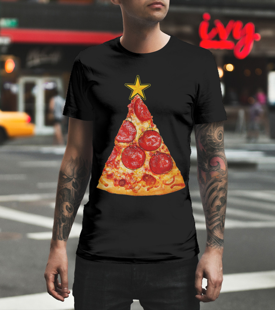 Pizza Slice Christmas Tree With Pepperoni Ornaments And Star Topper T-Shirt