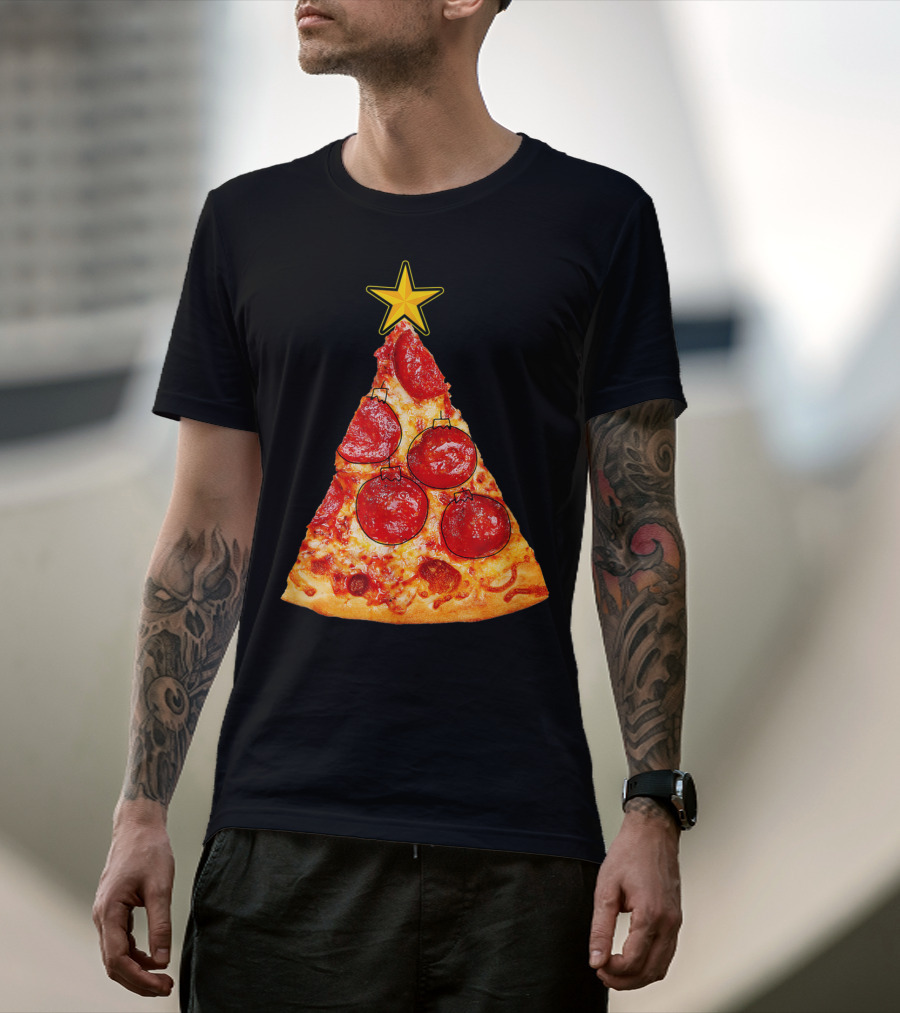 Pizza Slice Christmas Tree With Pepperoni Ornaments And Star Topper T-Shirt