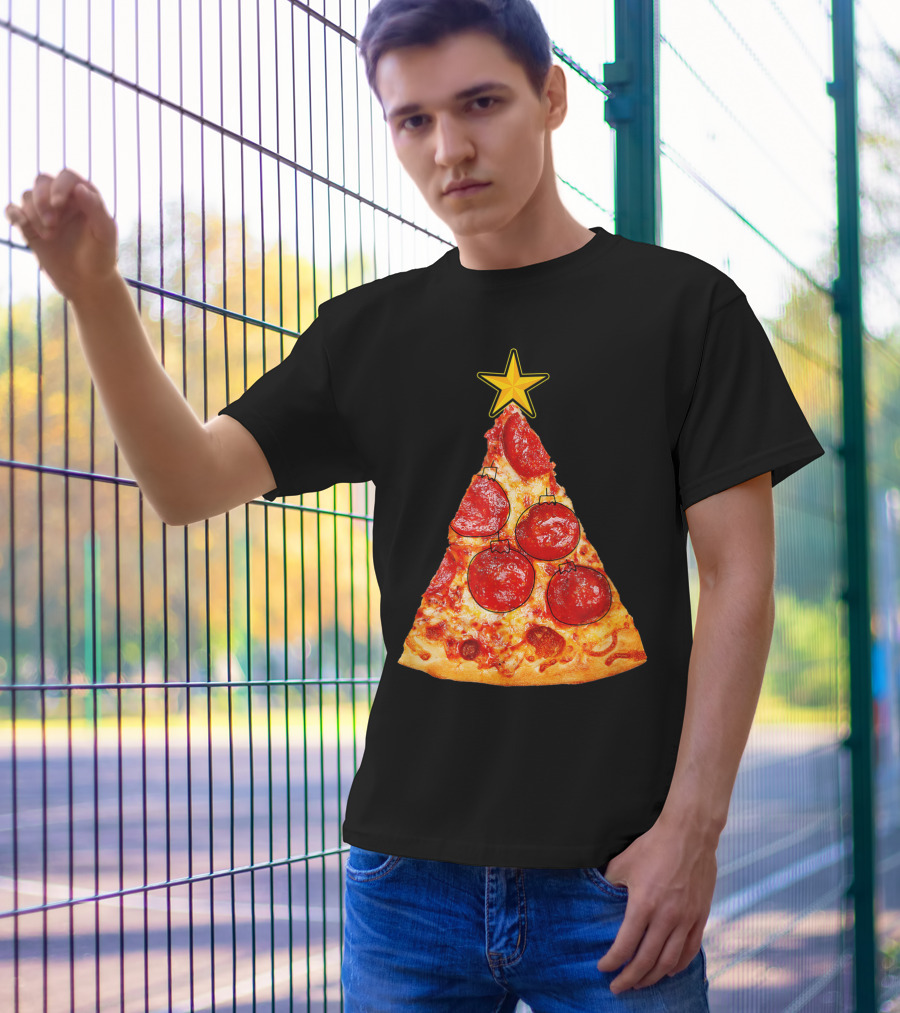 Pizza Slice Christmas Tree With Pepperoni Ornaments And Star Topper T-Shirt