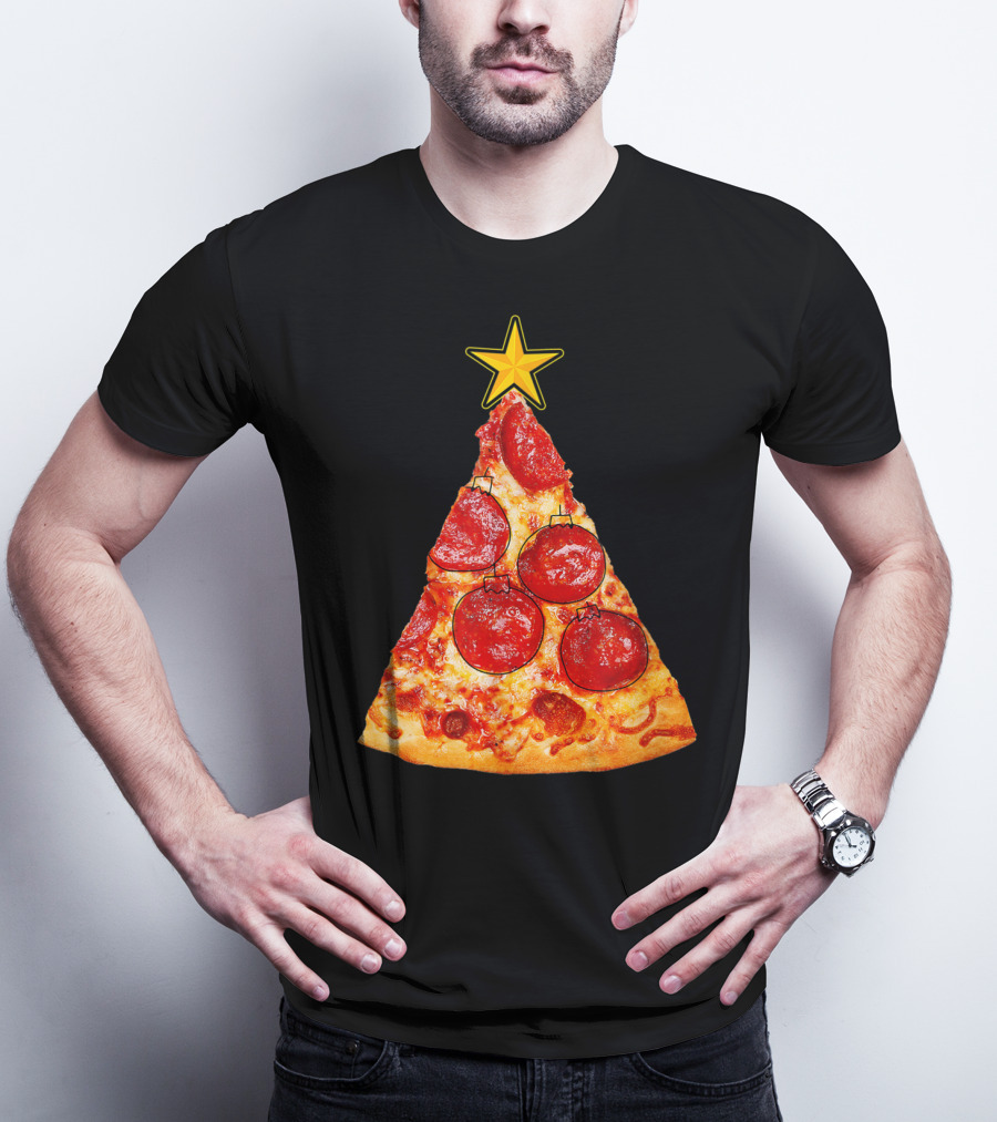 Pizza Slice Christmas Tree With Pepperoni Ornaments And Star Topper T-Shirt