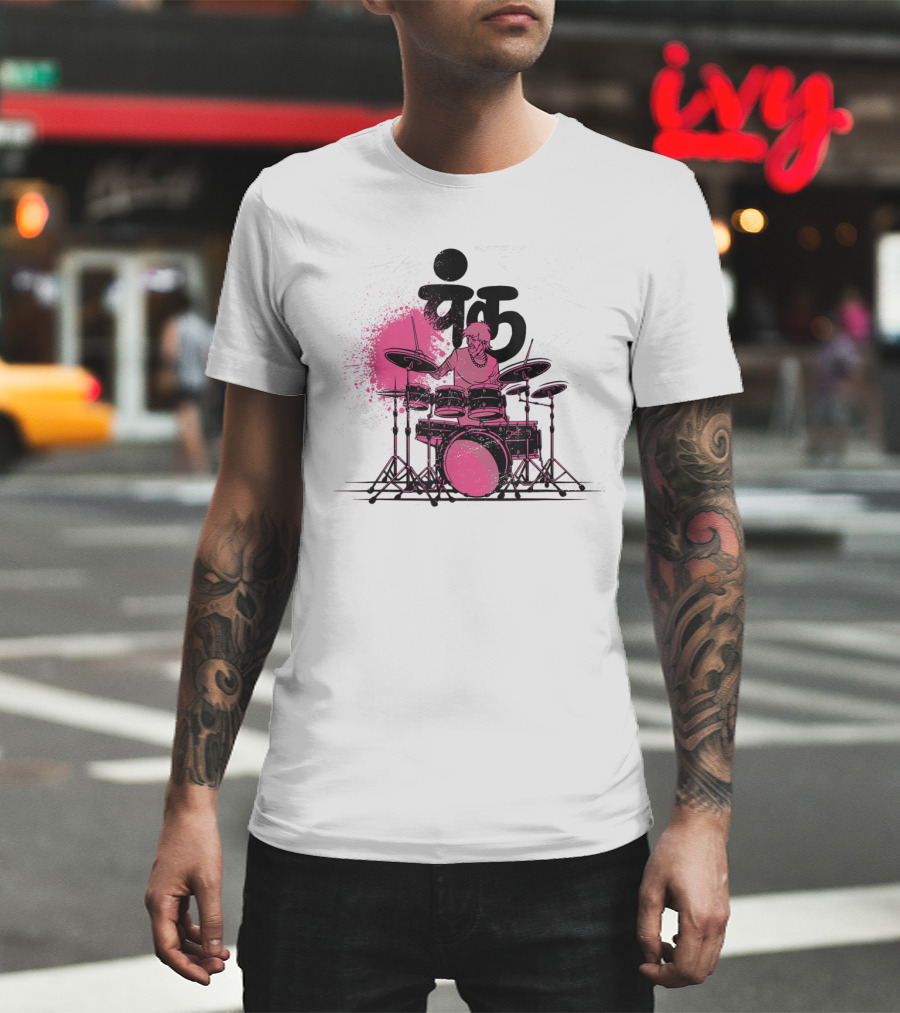 Pink Punk Band Drummer Graphic With Drum Set And Grunge Effect T-Shirt