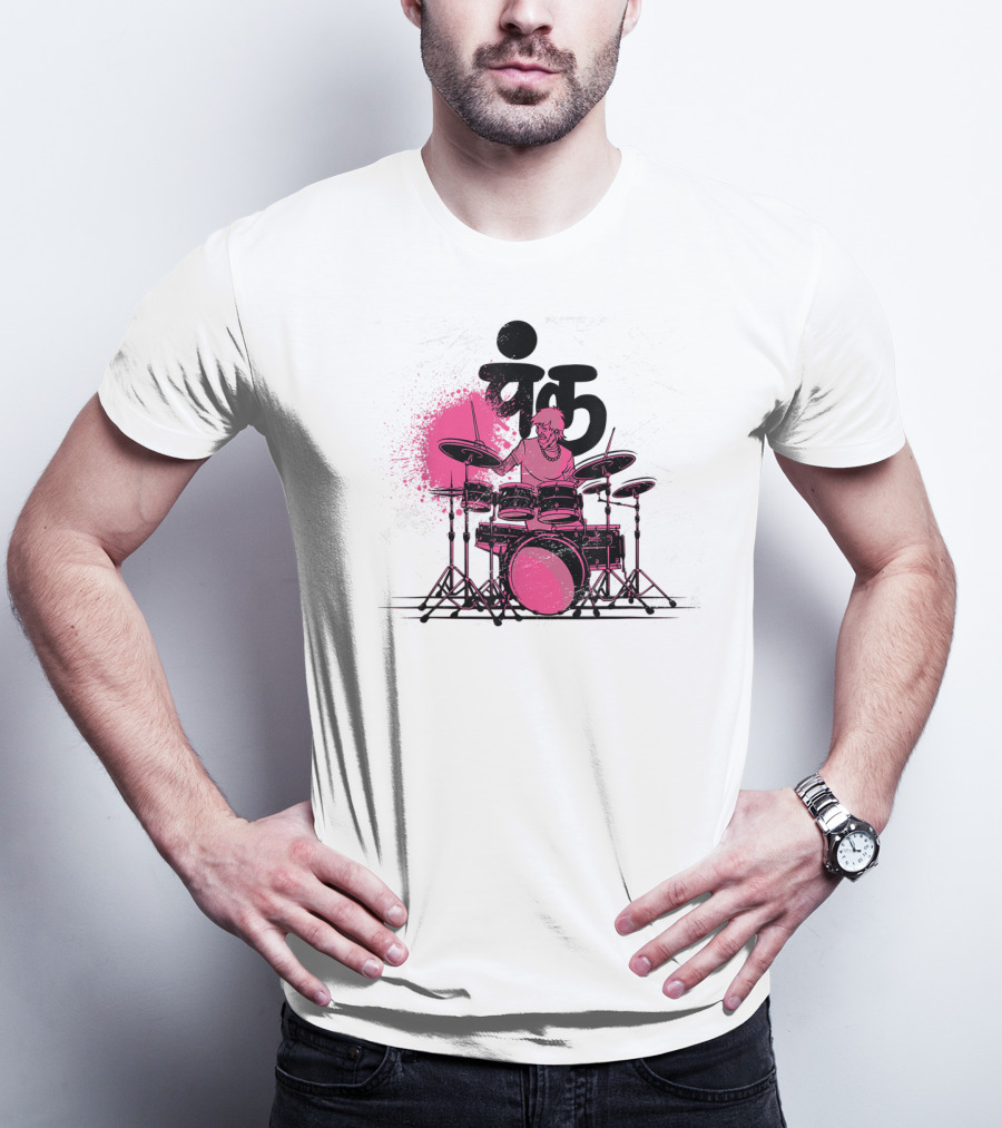 Pink Punk Band Drummer Graphic With Drum Set And Grunge Effect T-Shirt