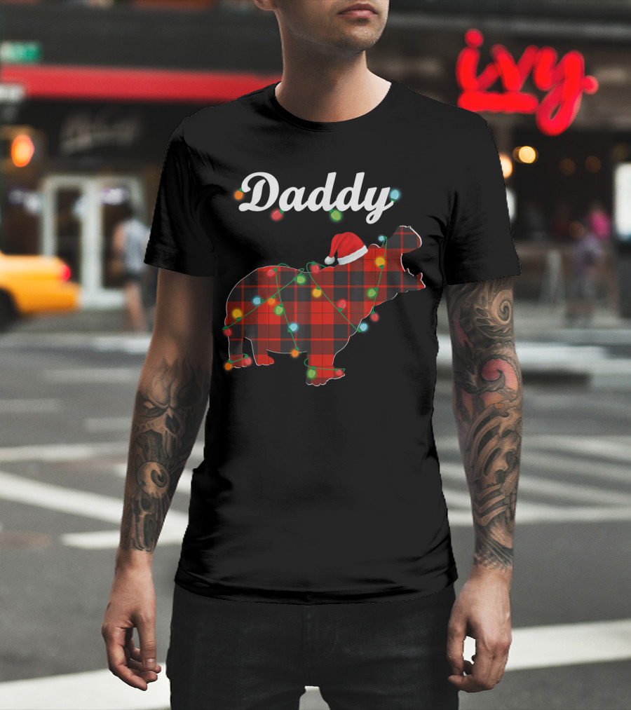 Daddy Red Plaid Hippopotamus Christmas Lights Santa Hat T-Shirt