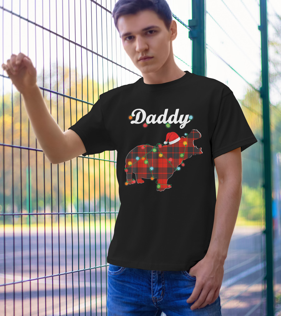 Daddy Red Plaid Hippopotamus Christmas Lights Santa Hat T-Shirt