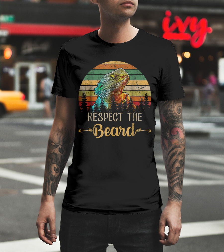 Respect The Beard Retro Sunset Bearded Dragon T-Shirt