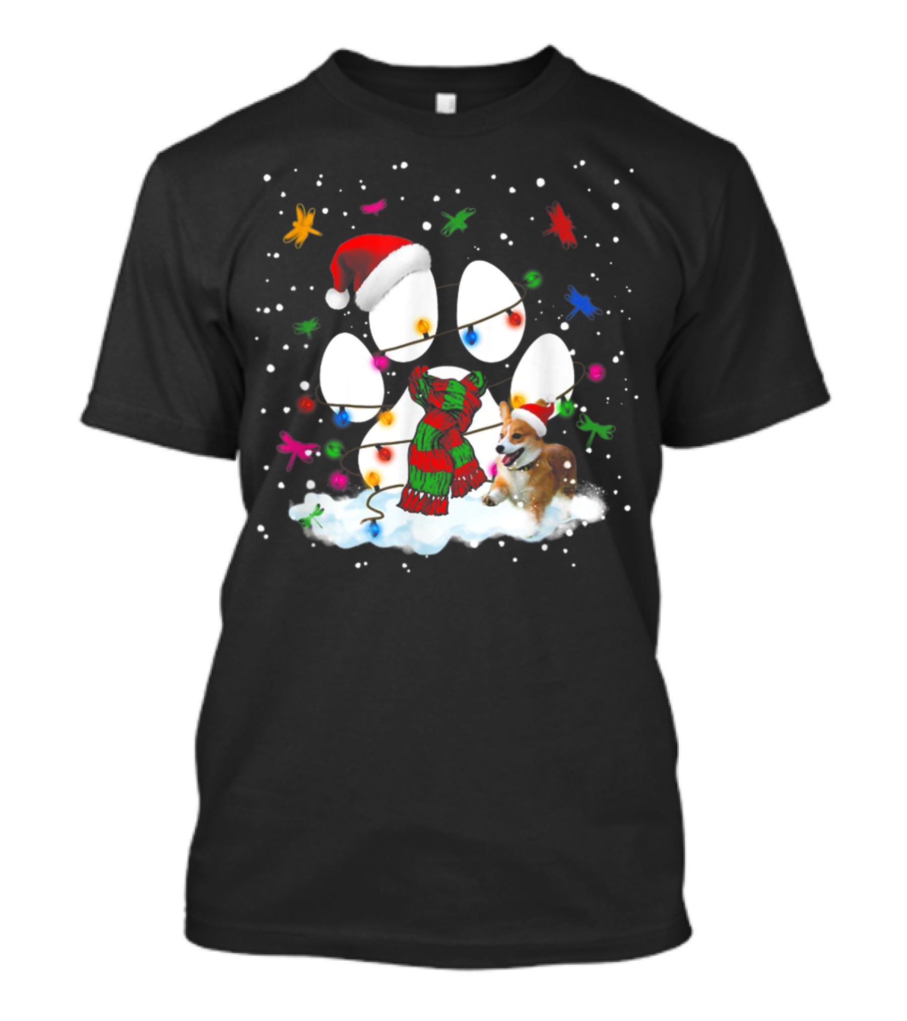 Santa Corgi Paw Print Christmas Lights Snowflakes T-Shirt