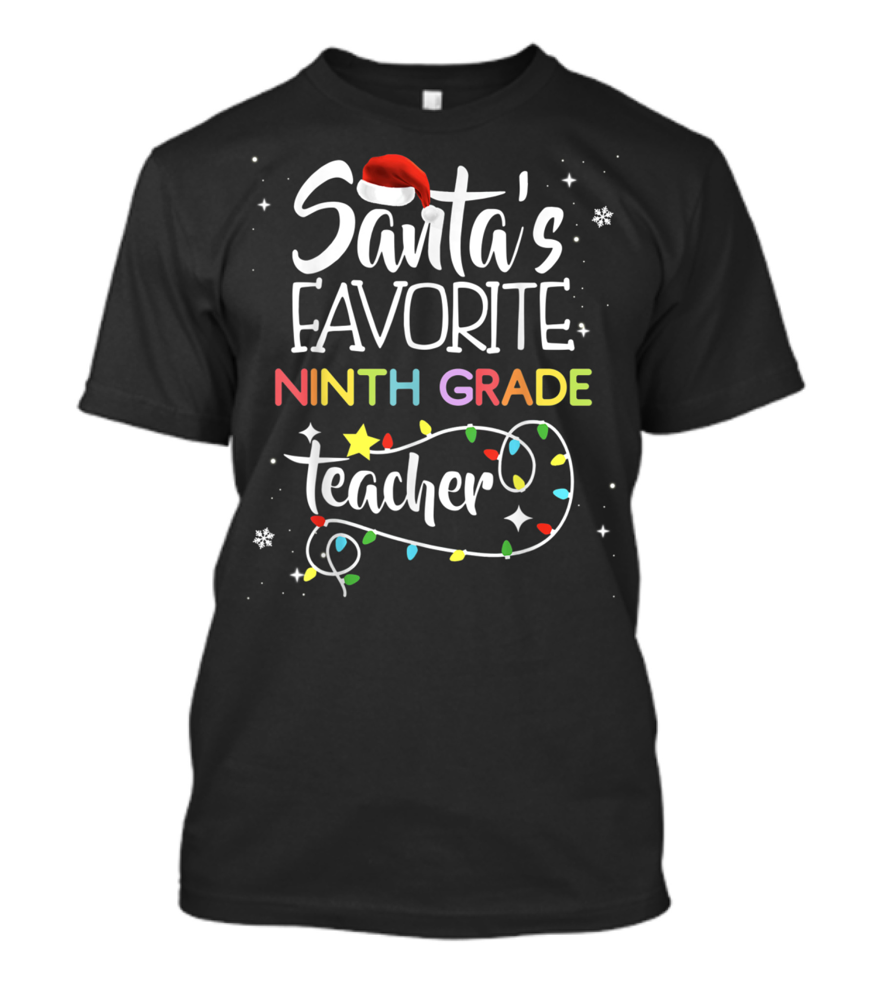Santa's Favorite Ninth Grade Teacher Christmas Lights Snowflakes T-Shirt