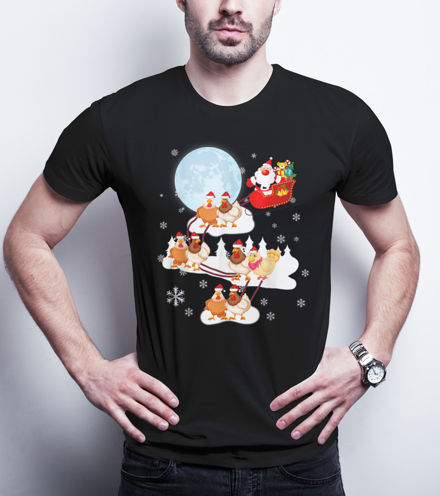 Santa Sleigh Sled Riding Chickens Full Moon Christmas Snowflakes T-Shirt
