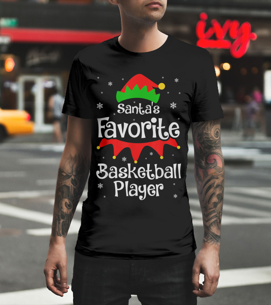 Santa's Favorite Basketball Player Christmas Snowflakes Elf Hat T-Shirt