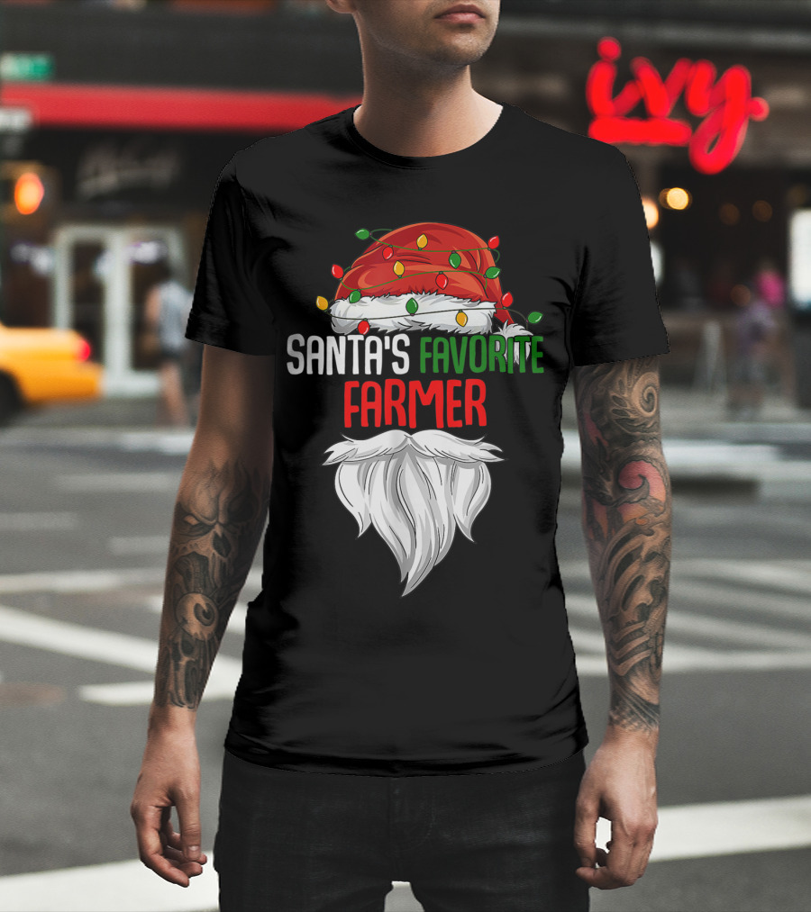 Santa's Favorite Farmer Christmas Beard And Hat Lights T-Shirt