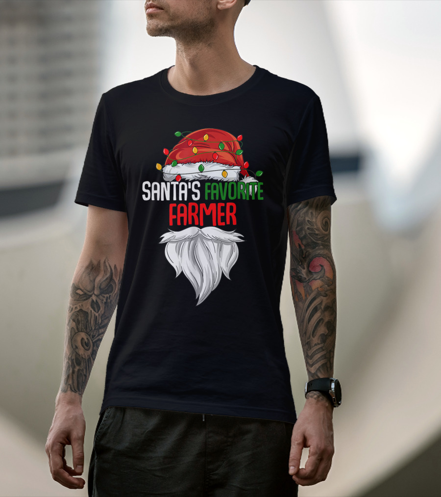 Santa's Favorite Farmer Christmas Beard And Hat Lights T-Shirt