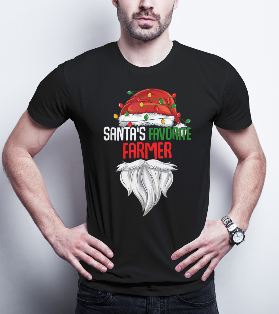 Santa's Favorite Farmer Christmas Beard And Hat Lights T-Shirt