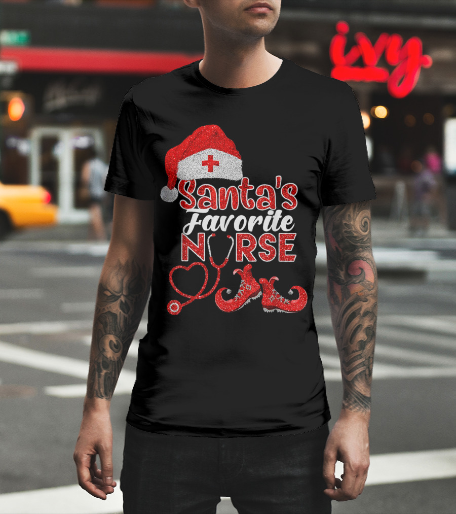 Santa's Favorite Nurse Heart Stethoscope Elf Shoes Merry Xmas Party T-Shirt