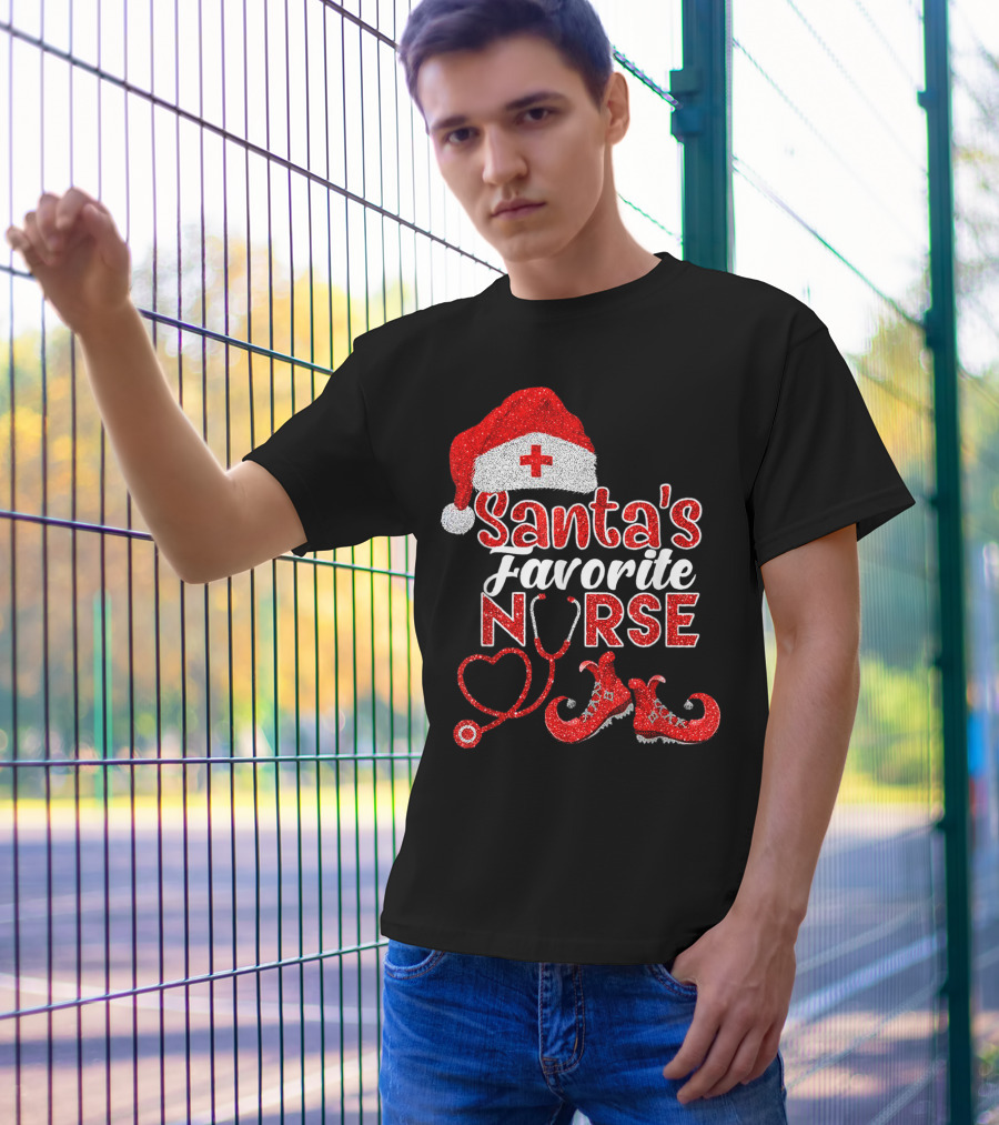 Santa's Favorite Nurse Heart Stethoscope Elf Shoes Merry Xmas Party T-Shirt