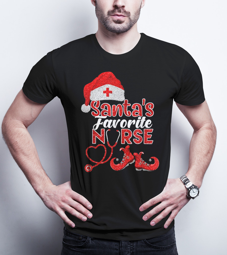 Santa's Favorite Nurse Heart Stethoscope Elf Shoes Merry Xmas Party T-Shirt